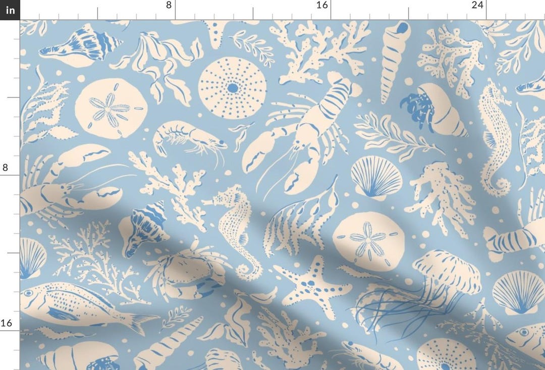Baby Blue Beach Fabric - Painted Sea Creatures by Marigoldie - Nautical ...