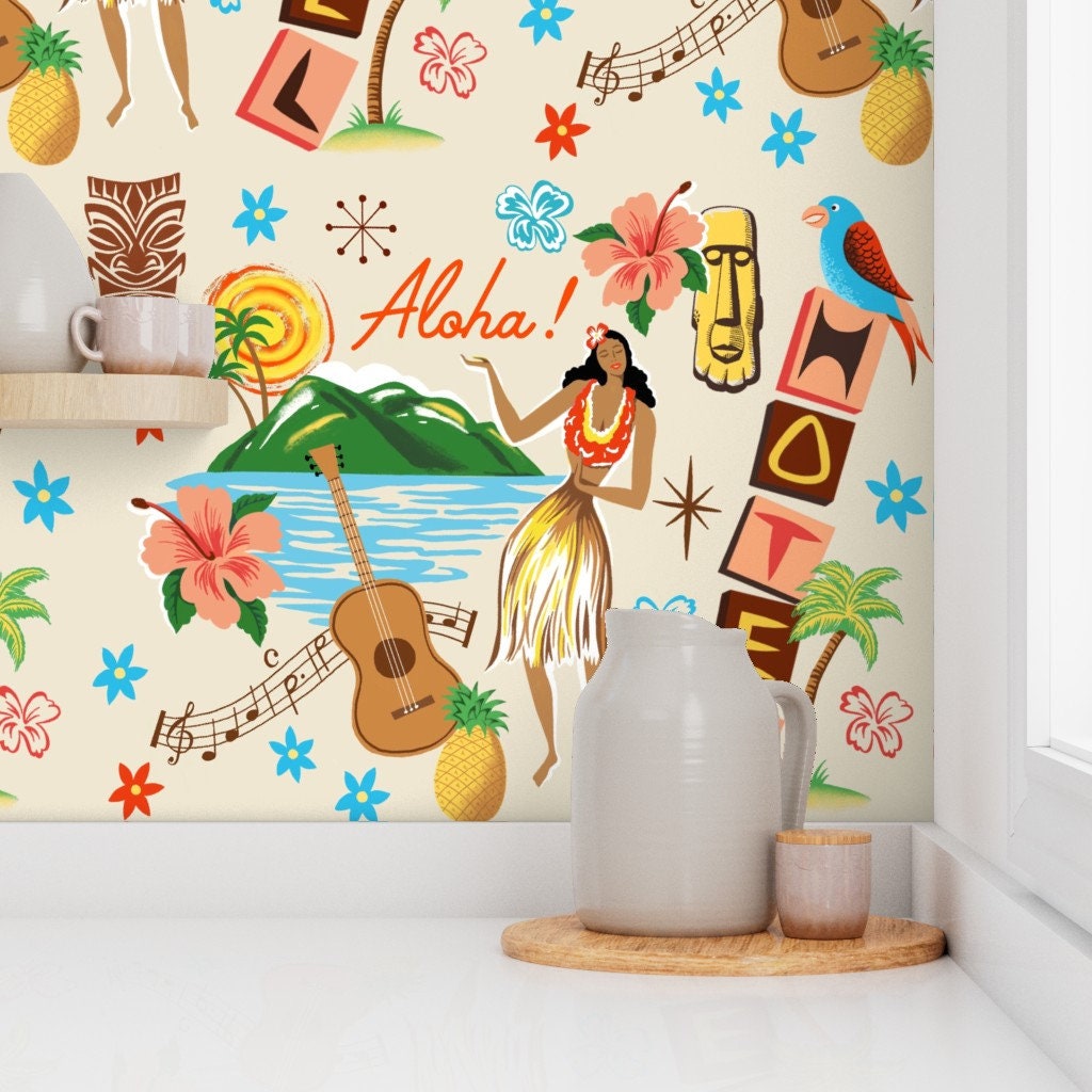 Hula Girl Wallpaper Hawaiian Holiday by Ruby Ritz Retro - Etsy