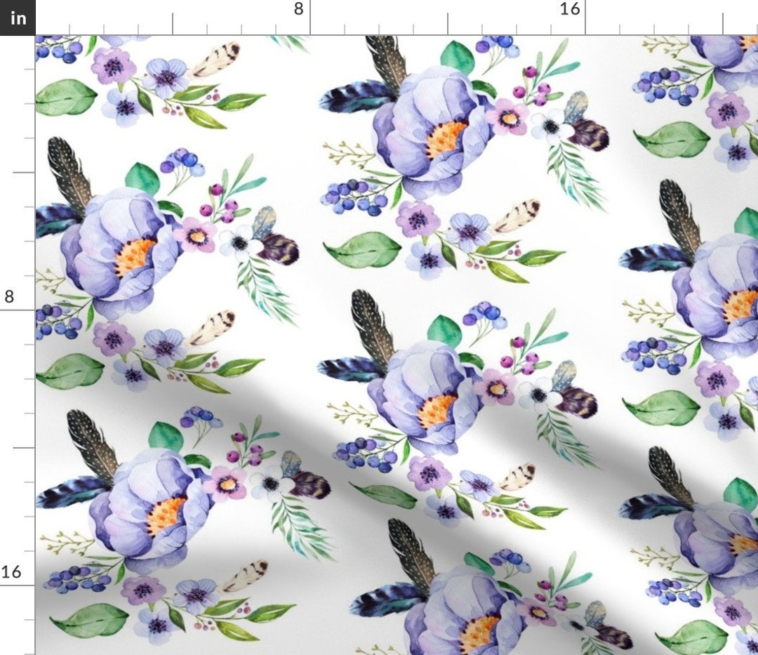 Floral Watercolor Boho Fabric Purple Floral Feather in White by ...