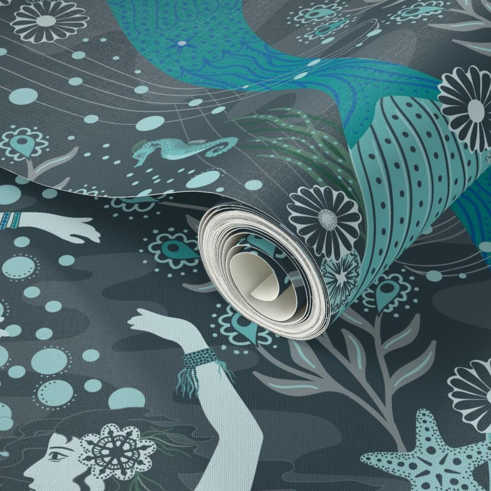 Teal Mermaids Removable Peel and Stick Wallpaper - Turquoise Bubbles ...