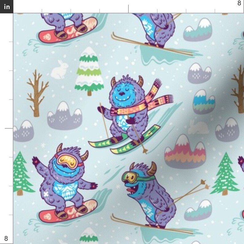 Yeti Fabric Skiing Yeti by Penguinhouse Yeti Skiing Winter - Etsy