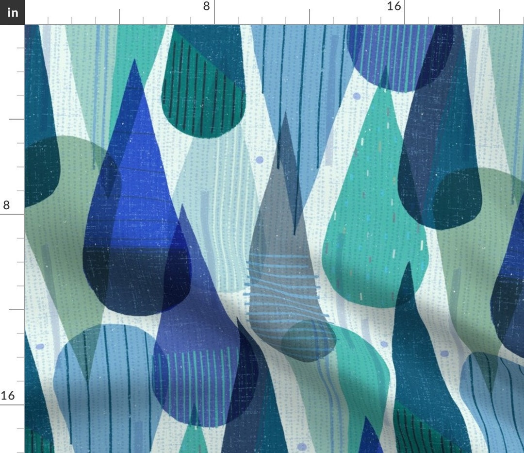 Raindrops Fabric Retro Mod Papercut Rainfall By Friztin Blue Weather ...