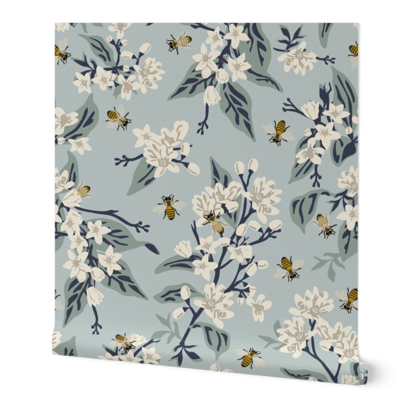 Floral Wallpaper Flowers Honey Bees Large Blue by - Etsy