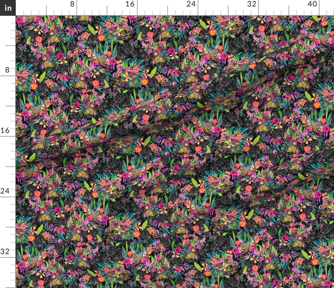 Neon Flowers Fabric Midnight Neon Garden by Theartwerks - Etsy