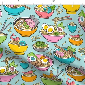 Noodles Fabric Noodles Ramen Food on Blue Large by Caja Design Colorful ...