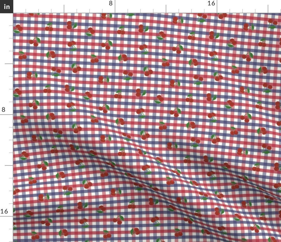 Red Cherry Fabric Small Cherry Gingham by Mariarein Red White Blue ...