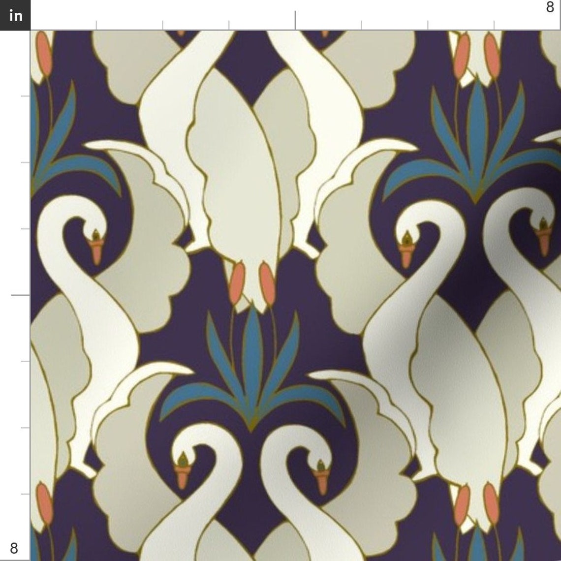 Swan Fabric Art Deco Swans Deep Plum Teal by Caelabeegmail - Etsy Israel