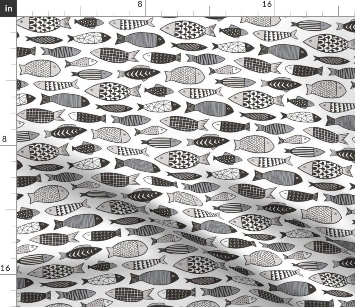 Fishes Fabric Fish Geometric Black White Grey by Caja Design - Etsy
