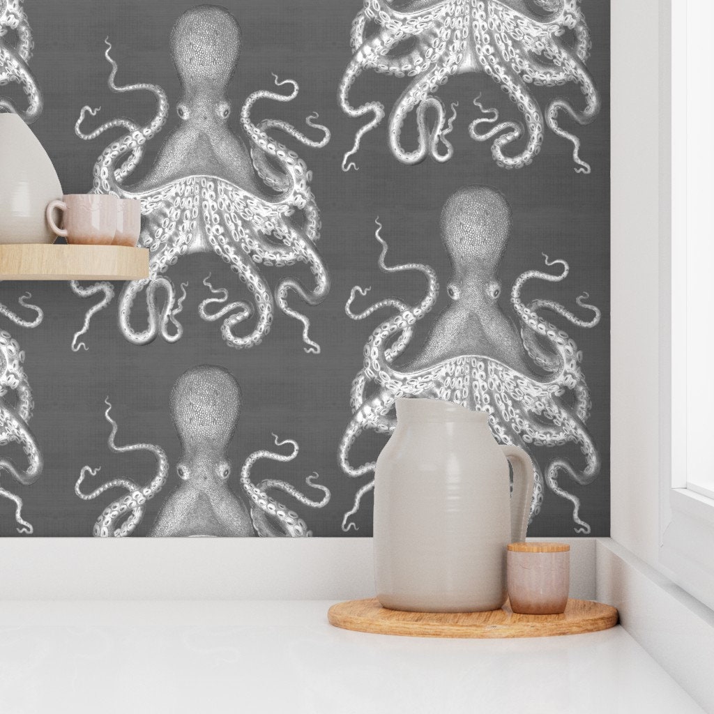 Octopus on Gray Wallpaper Octopus Oasis Gray by - Etsy