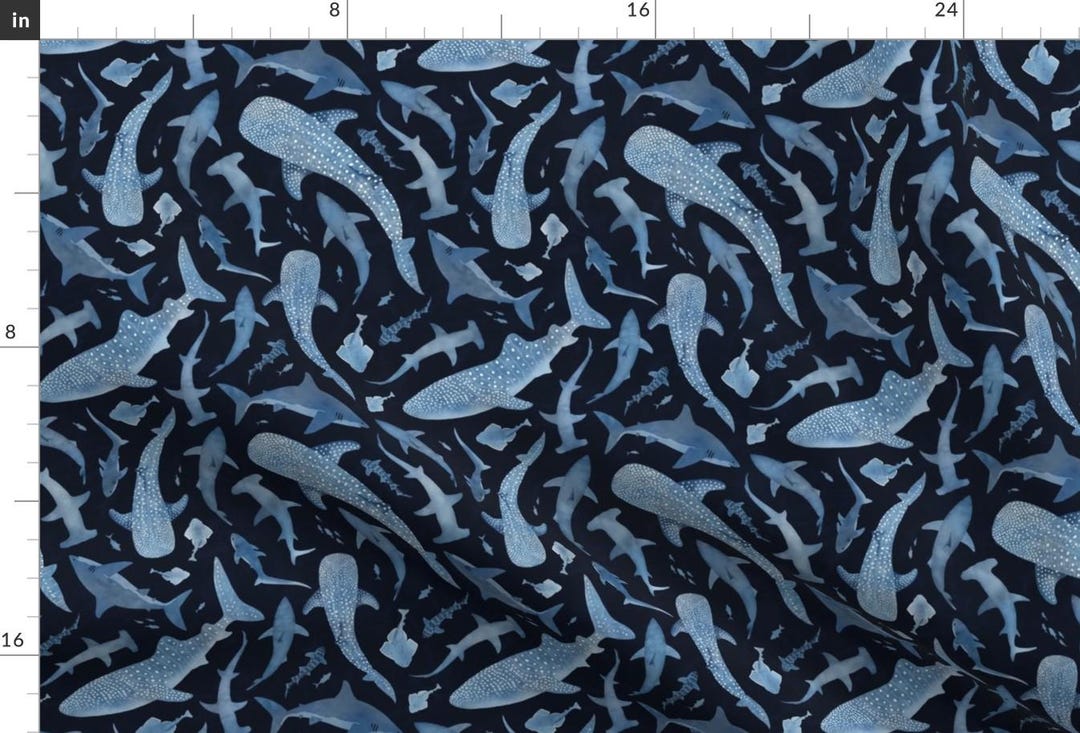 Blue Sharks Fabric - Watercolor Shark by Adenaj - Watercolor Hammerhead ...