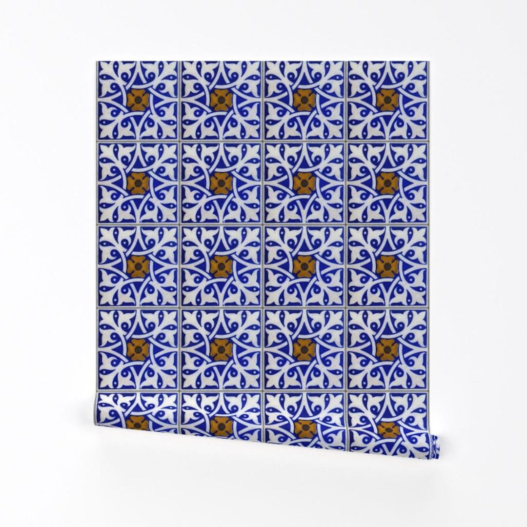 Tile Wallpaper - Blue and White Tile by Peacoquettedesigns - Tile Blue ...