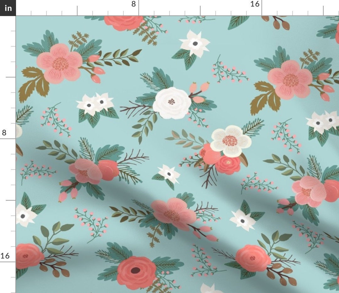 Boho Spring Floral Fabric Spring Bouquets in Aqua by Willowlanetextiles ...