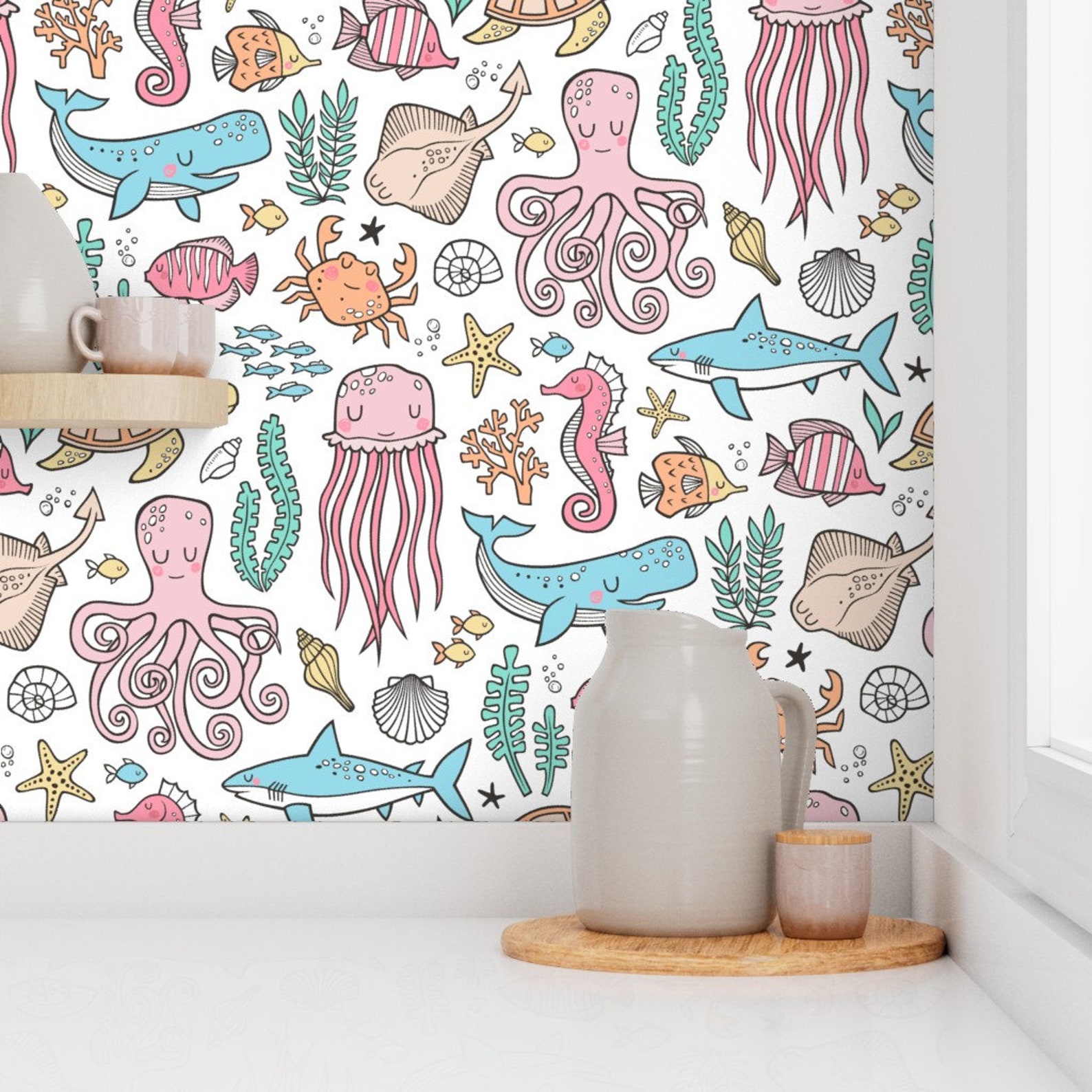 Ocean Wallpaper Ocean Marine Sea Life Doodle White by Caja - Etsy