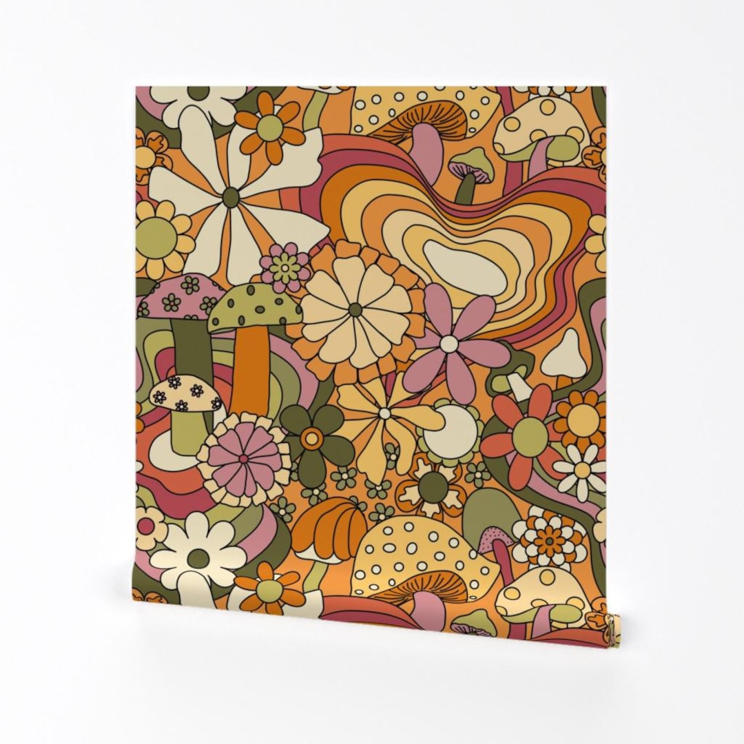 Retro Removable Peel and Stick Wallpaper - Vintage Floral Retro Hippie ...