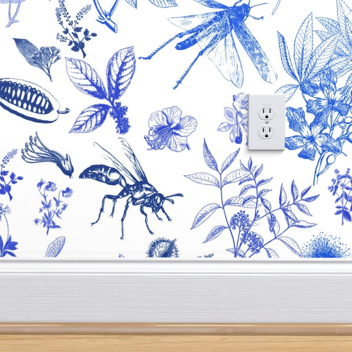 Insects in Nature Blue Wallpaper-Chinoiserie Insects By | Etsy