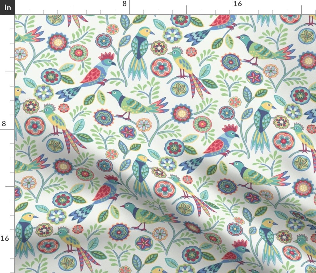 Birds Green Blue Floral Spring Blossoms Fabric Folk Birds - Etsy