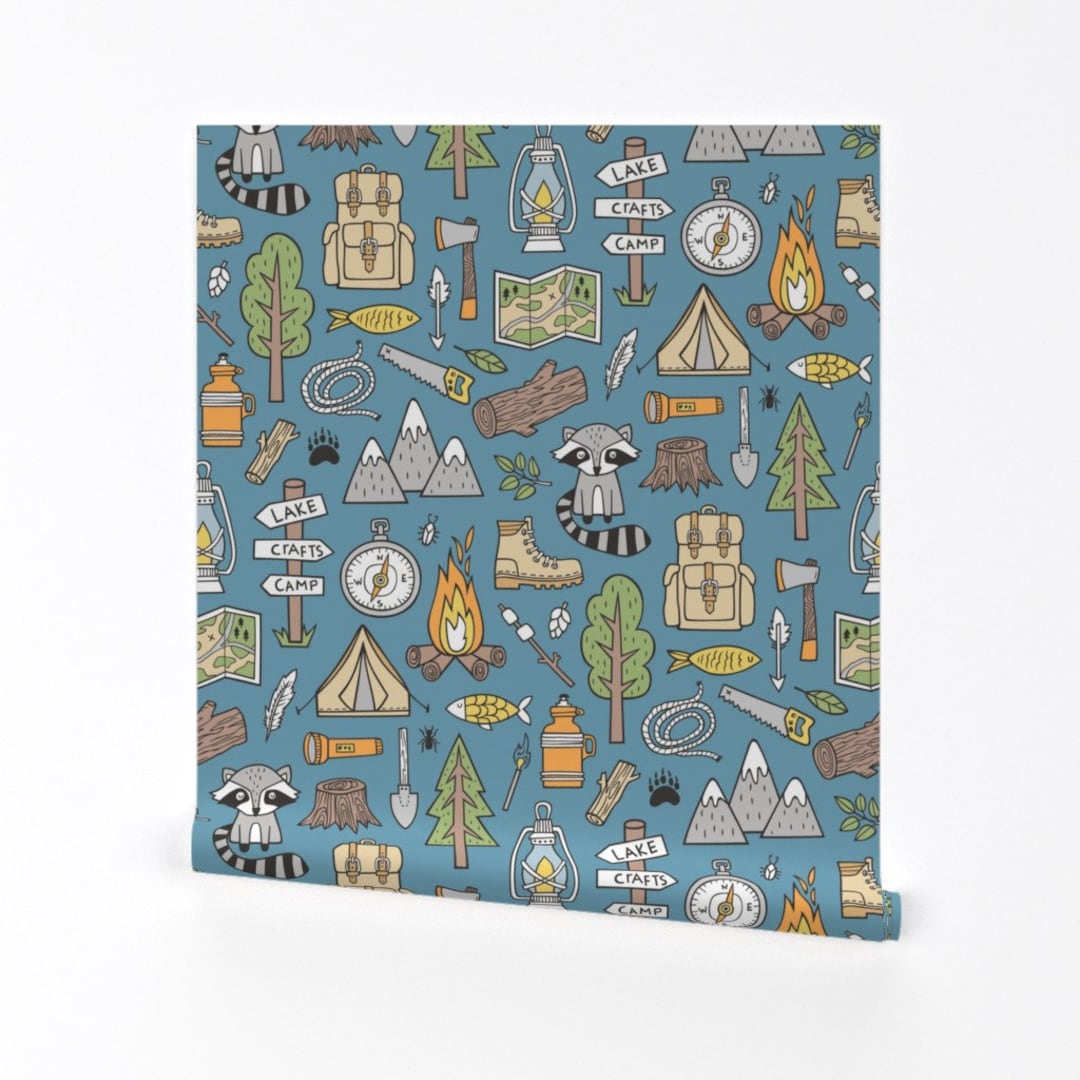Camping Wallpaper Camping Woodland Doodle by Caja Design Blue Green ...