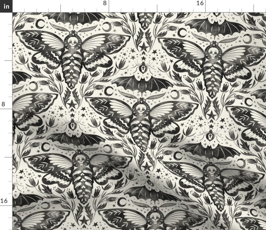 Gothic Moths Black and White Fabric Watercolor Skull Moth - Etsy