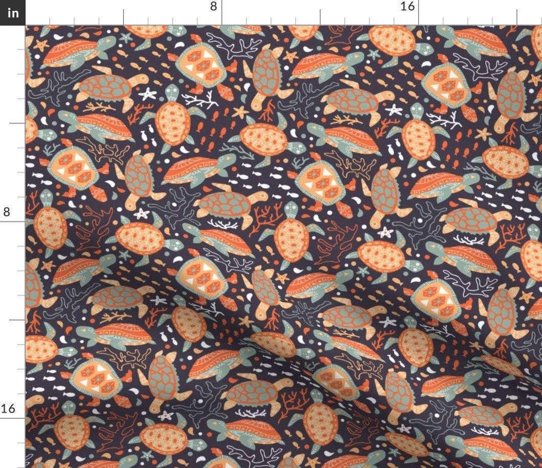 Turtle Fabric Turtles by Yuliia Studzinska Turtle Print | Etsy