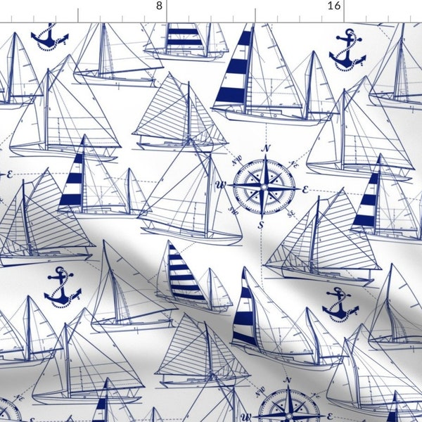 Sailboats Nautical Print Fabric - Etsy