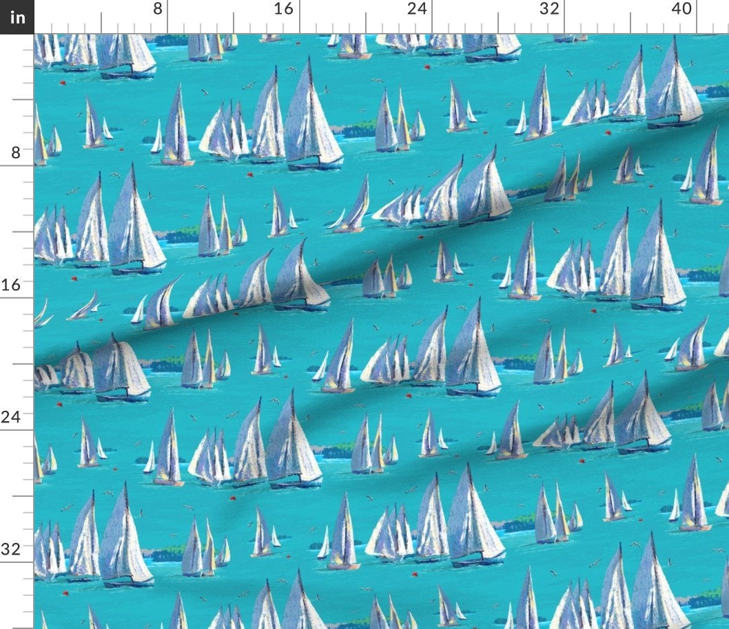 Regatta Blue Sailboats Teal Fabric Regatta Day by Southwind - Etsy