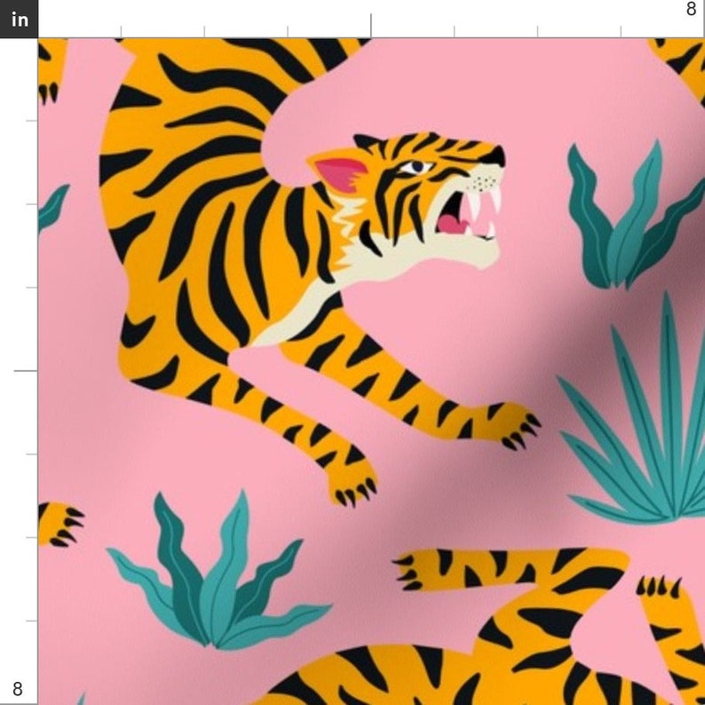 Pink Tigers Jungle Fabric Tigers Dancing on Pink Asian - Etsy