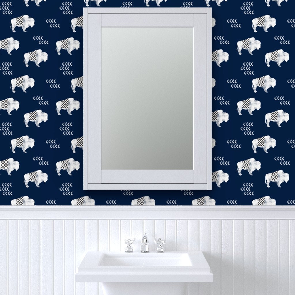 Bison Wallpaper Buffalo Aztec Blue by Littlearrowdesign - Etsy