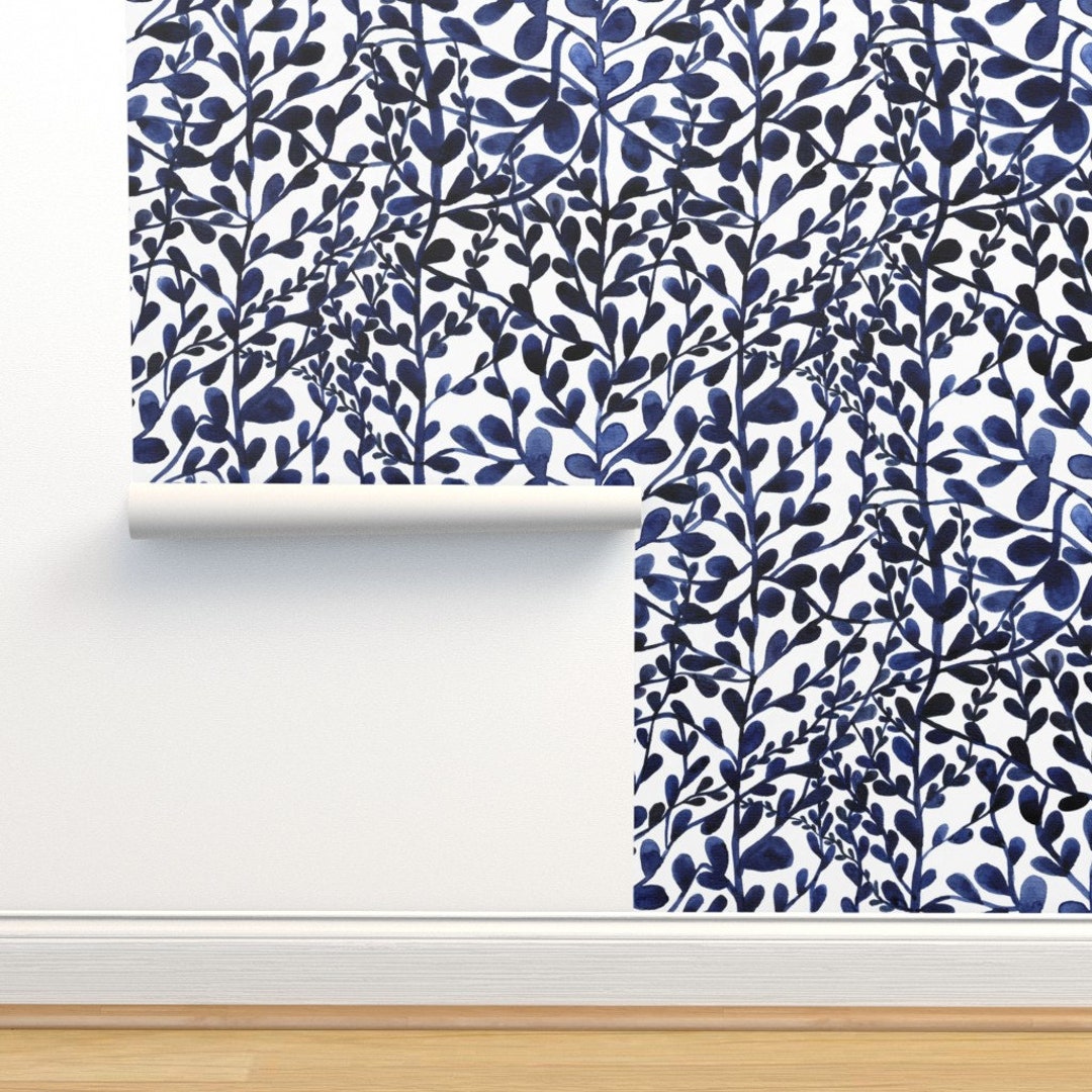 Botanical Wallpaper Navy Floral Leaves by Marjolein in - Etsy