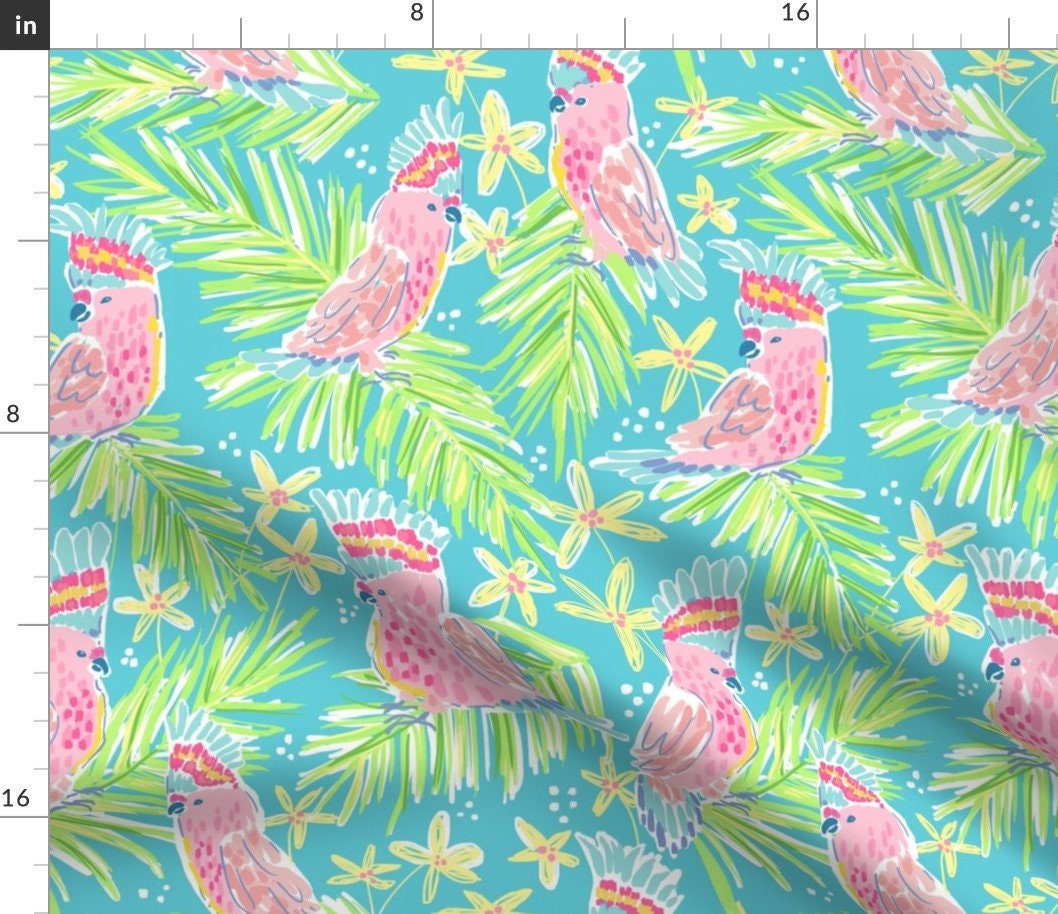 Summer Preppy Birds Tropical Fabric Pink Cockatoo by C | Etsy