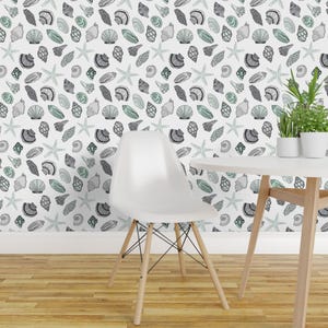 Seashells Wallpaper - Seashells Nautical Mint Grey by Andrea Lauren ...