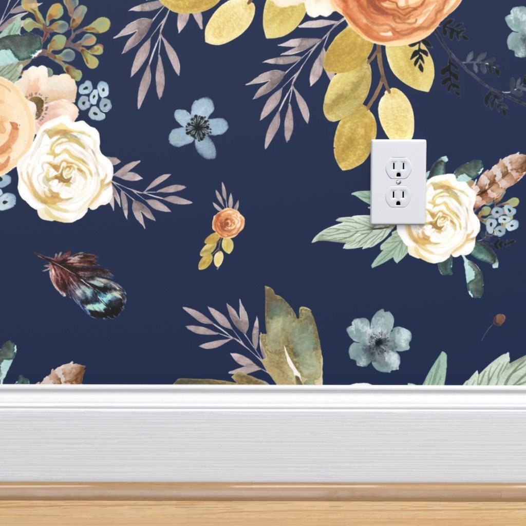Floral Wallpaper 8 Western Autumn More Florals Navy by | Etsy