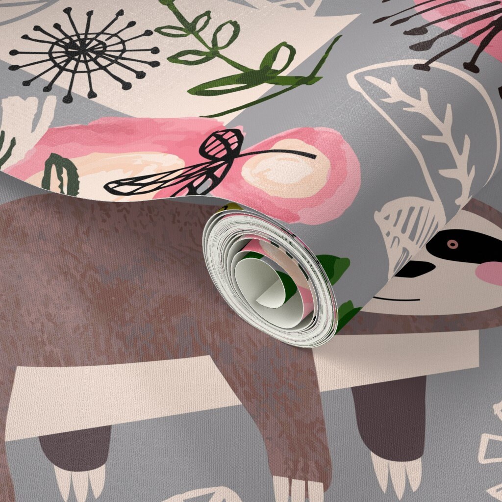 Sloths Wallpaper Lovable Sloths Large by Sarah Treu Pink - Etsy