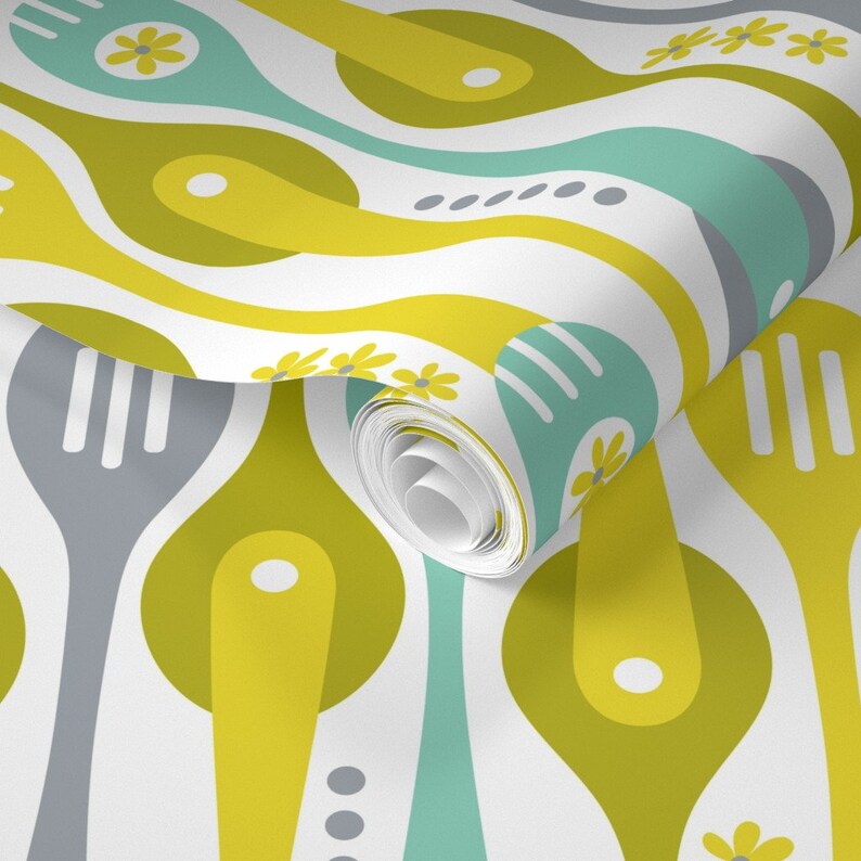 Spoons Wallpaper Kitchenette Yellow Spoon by Heatherdutton - Etsy