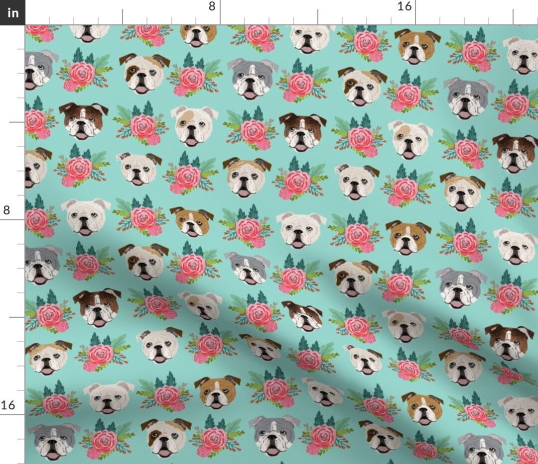 English Bulldog Fabric English Bulldog Faces Florals Mint - Etsy