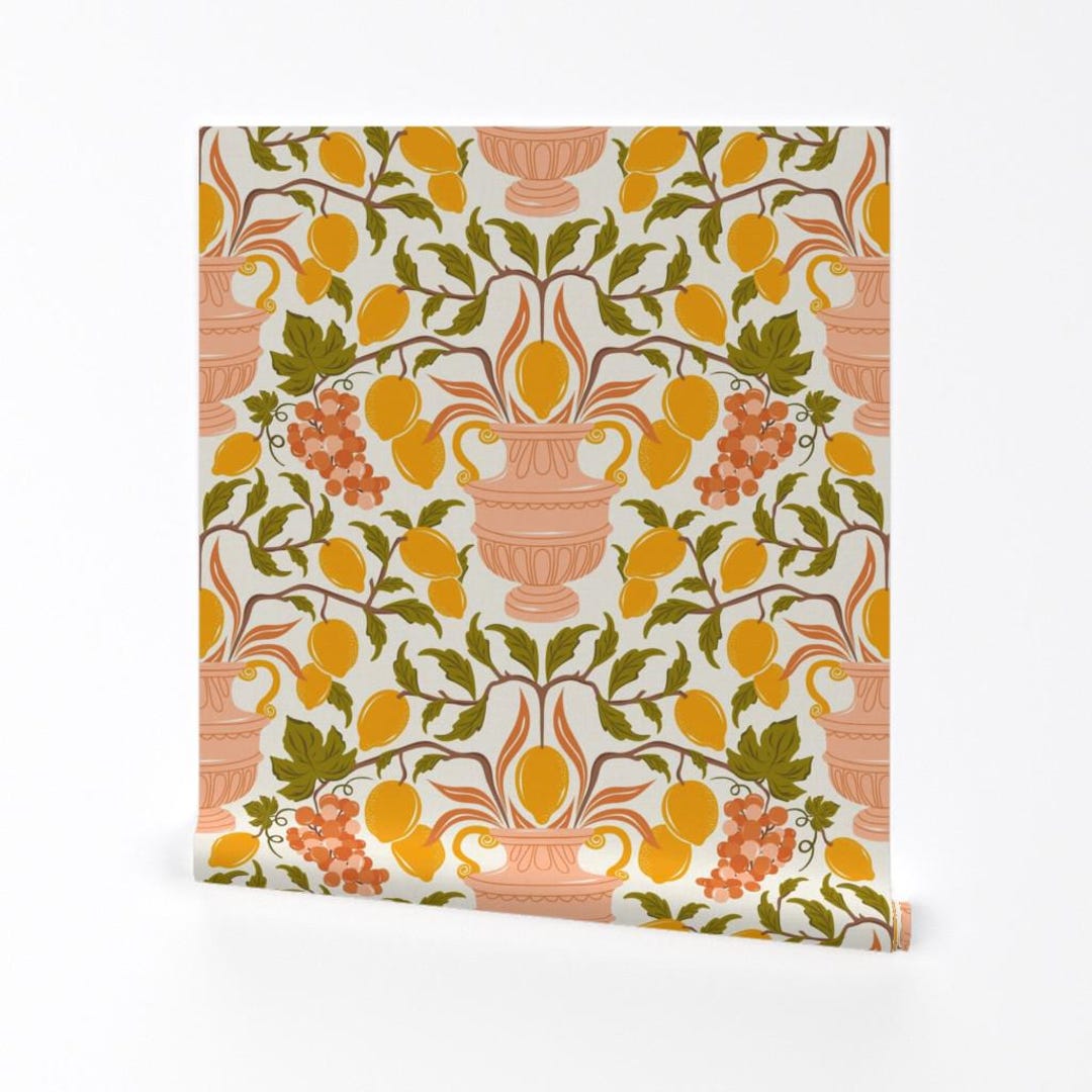 Floral Removable Peel and Stick Wallpaper - Pink Fruit Damask Lemons ...
