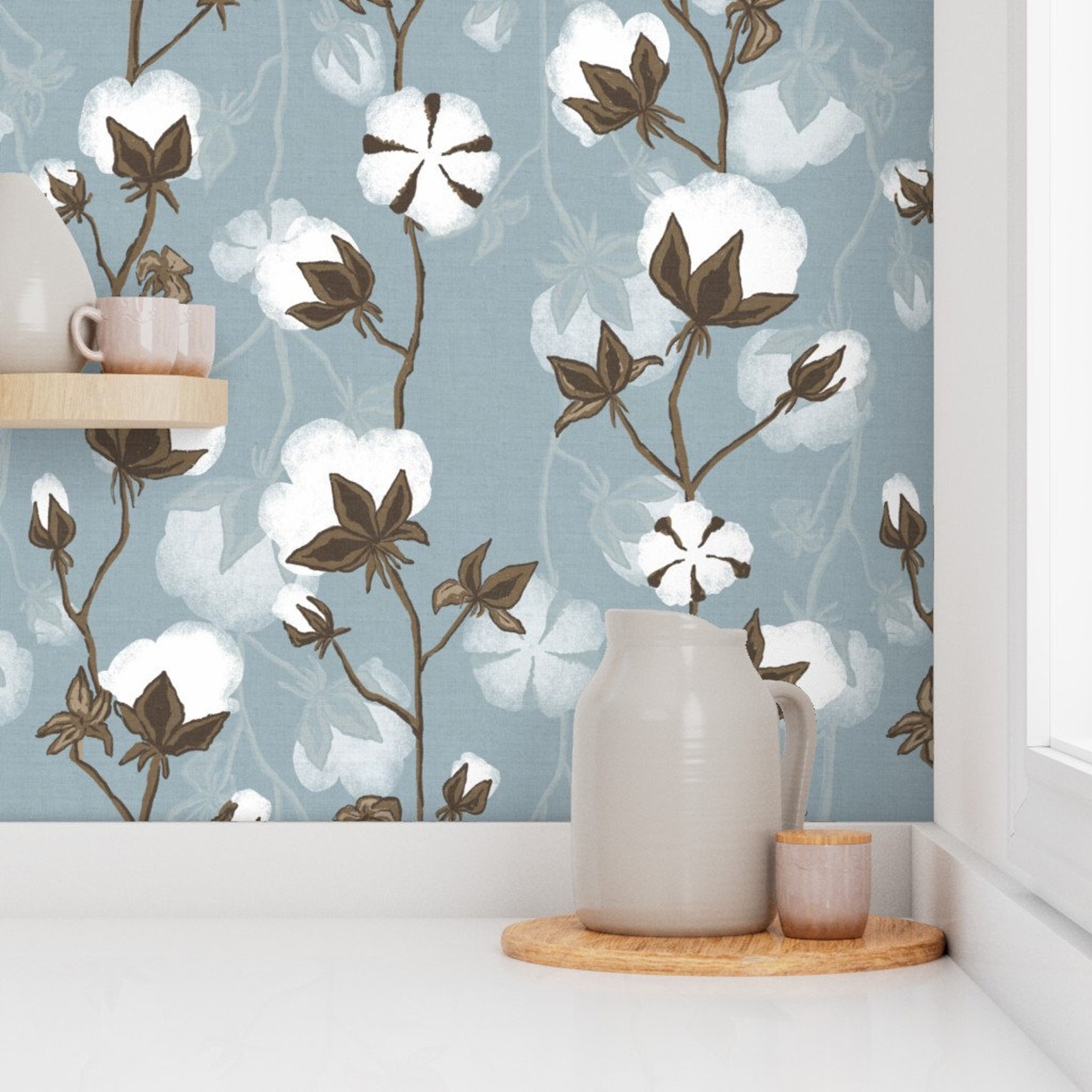 Cotton Wallpaper Cotton Pods on Grey Blue by Katevasilchenko - Etsy