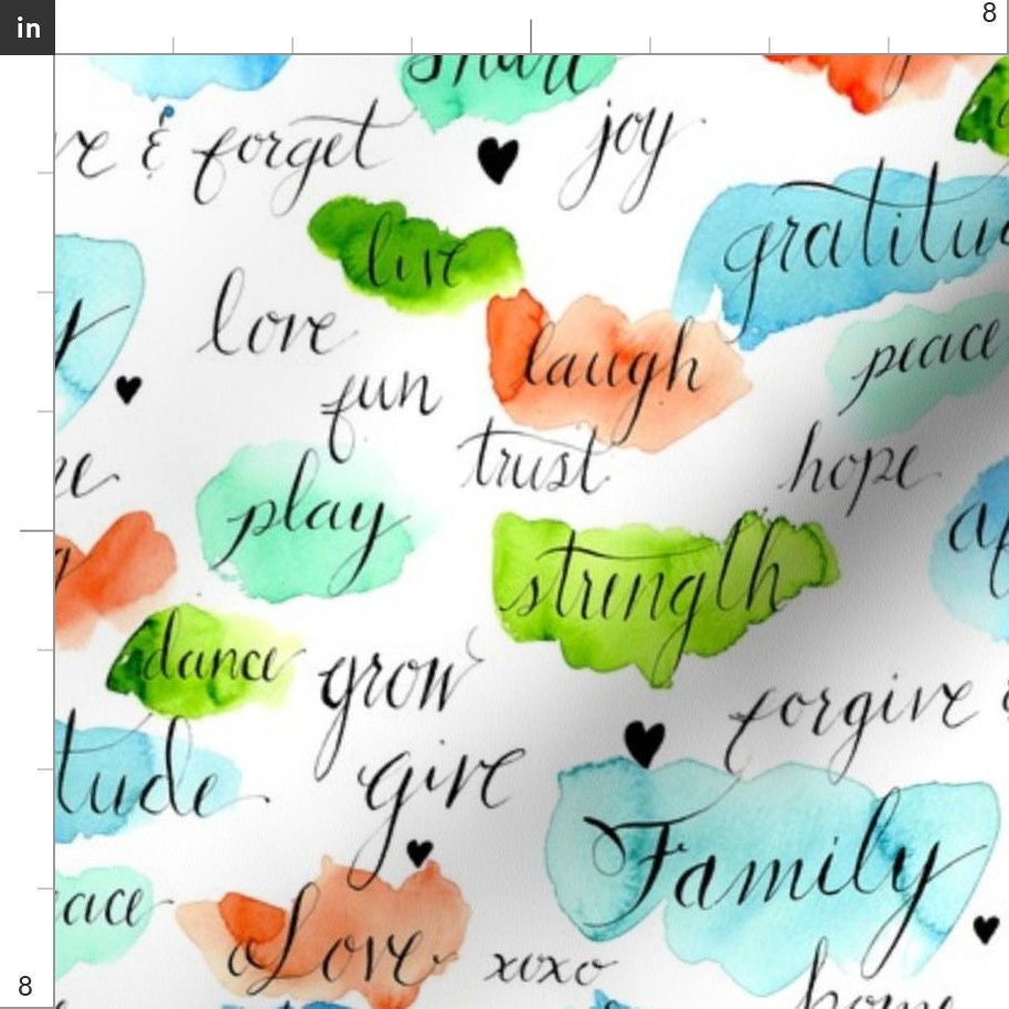 Watercolor Quote Words Fabric Family Values Watercolor by | Etsy