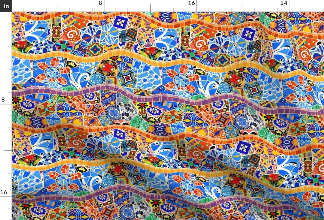 Spanish Fabric - Spanish Tile Mosaic by Elramsay - Blue Orange Red ...