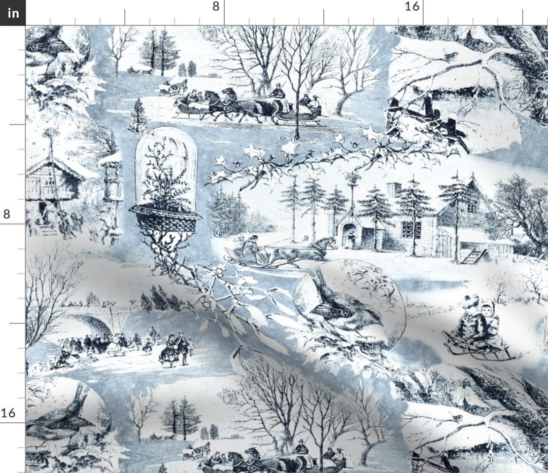 Holiday Snow Toile Fabric Vintage Winter Toile by Kociara Blue White ...