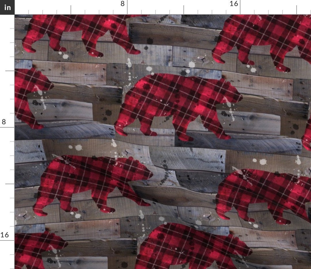 Plaid Rustic Bears Fabric Plaid Bear on Wood by Karismithdesigns Rustic ...
