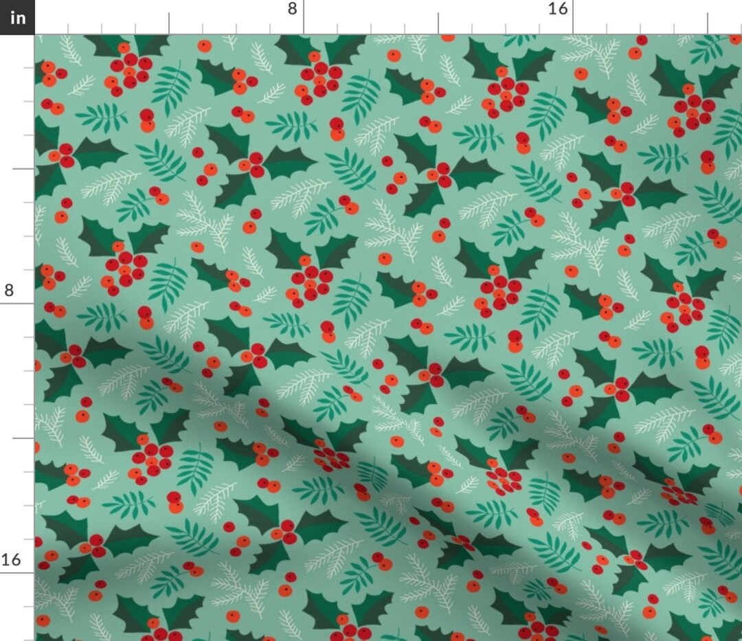 Holly Berries Green Fabric Christmas Holly and Berries on Mint by ...