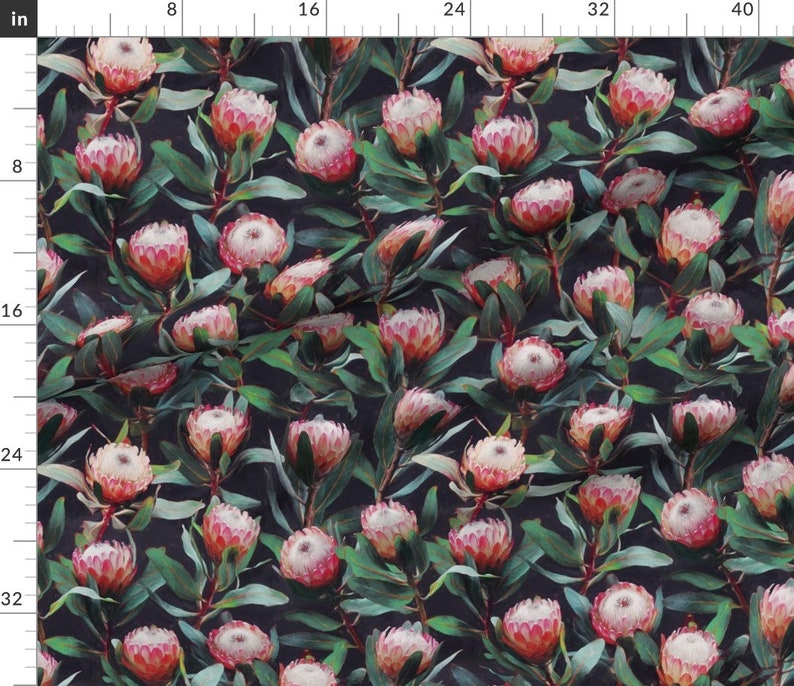 Protea Fabric Evening Proteas Pink on Charcoal by Micklyn - Etsy