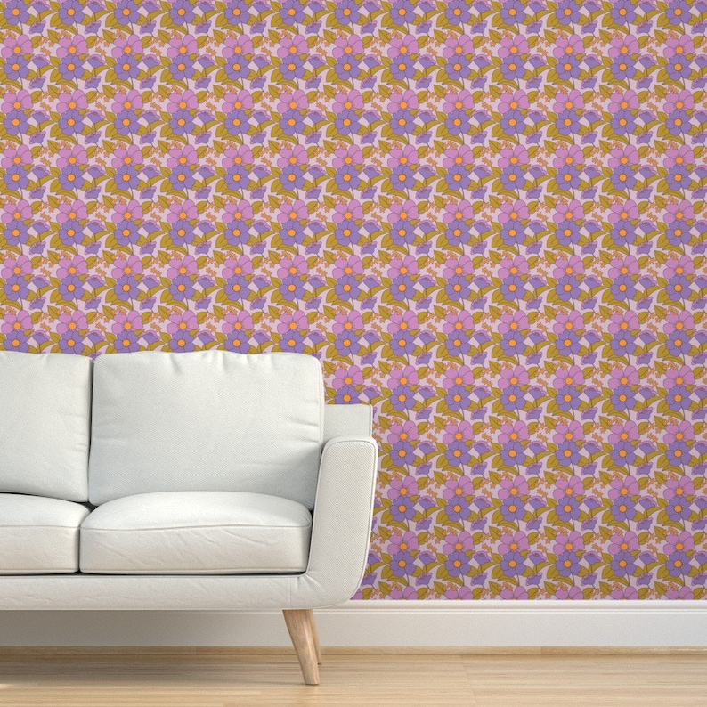 70s Wallpaper Big Floral 70s by Morecandyshop Mauve Purple - Etsy