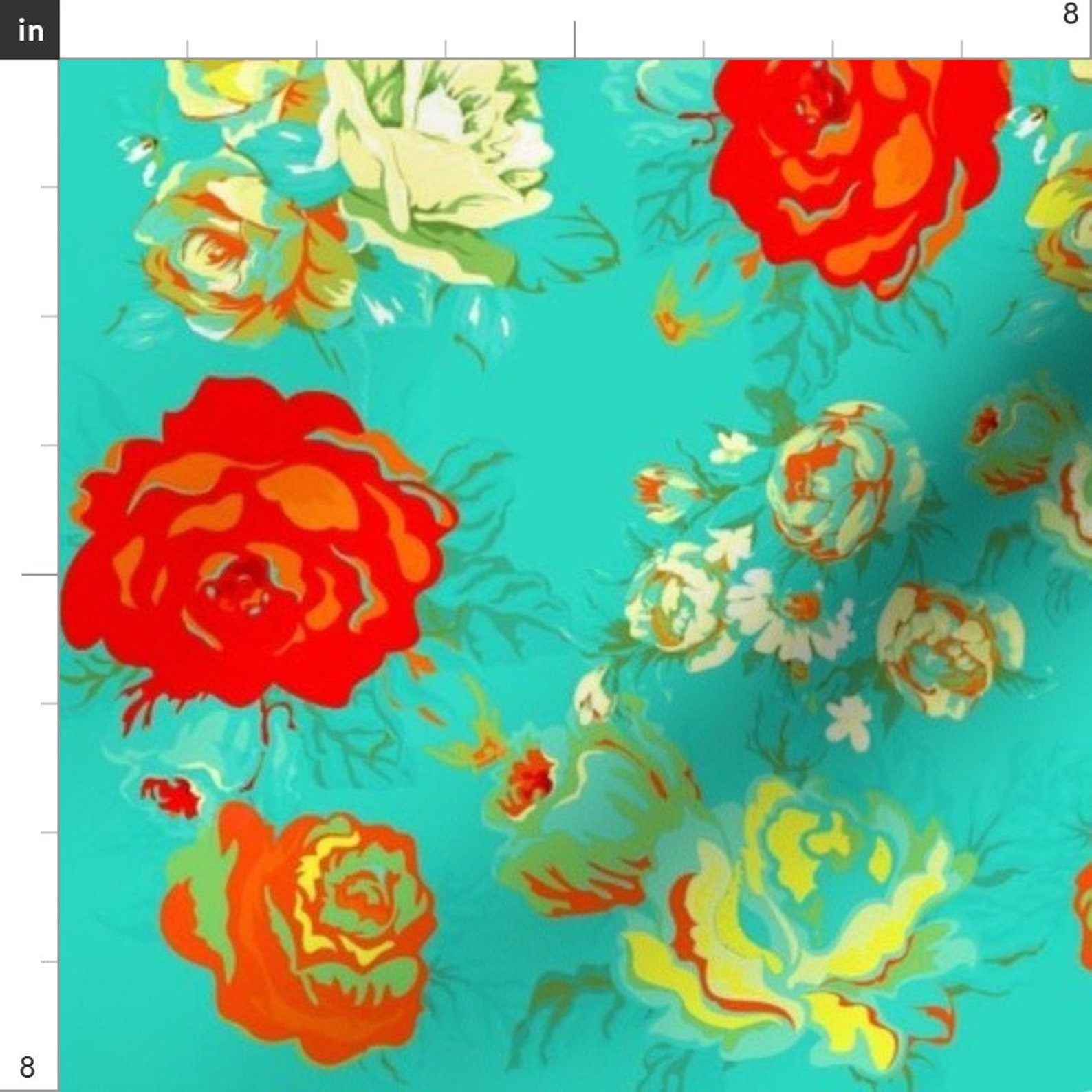 Turquoise Floral Fabric Yellow and Red Roses on Turquoise by - Etsy