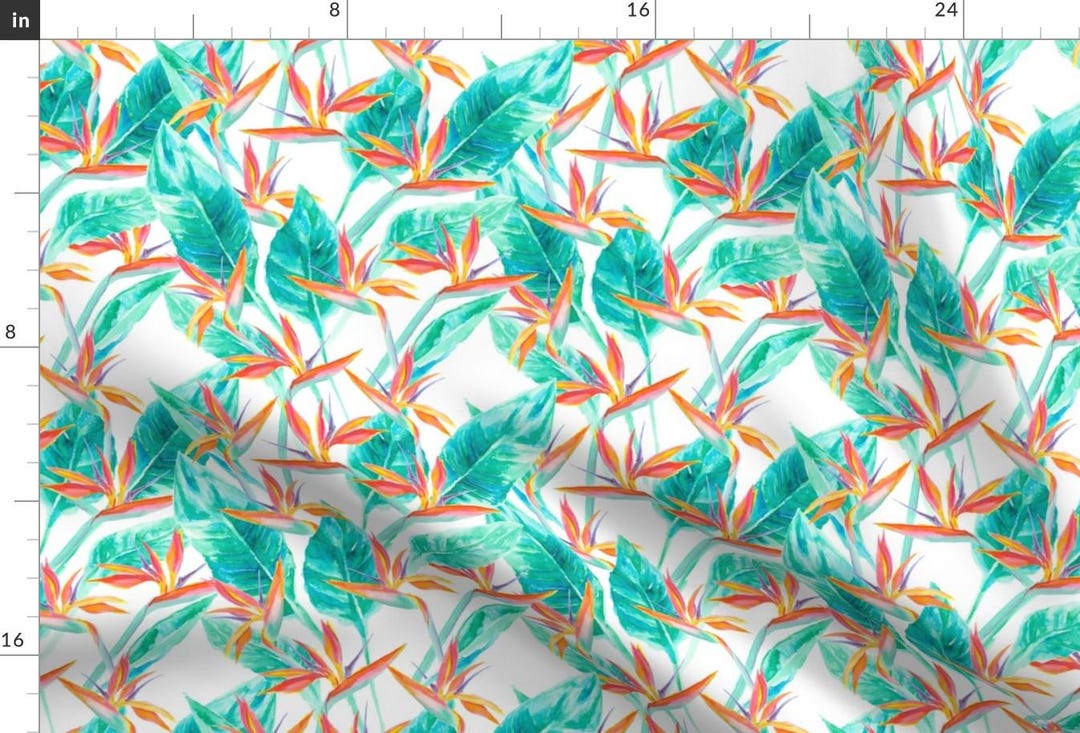 Jungle Leaves Tropical Floral Fabric - Birds of Paradise White by ...
