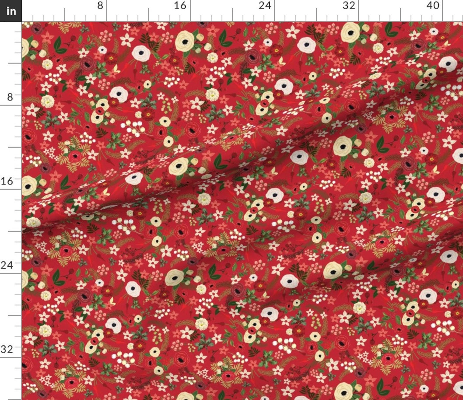 Red Christmas Floral Fabric Vintage Christmas Floral Red by - Etsy