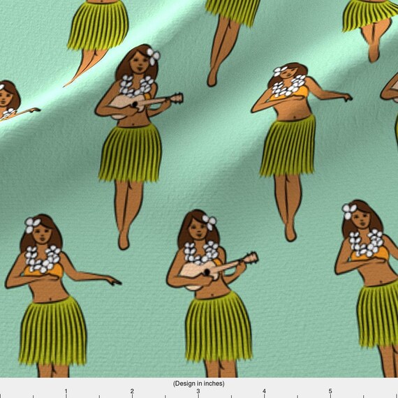 Tropical Hula Girl Fabric Hula Girl On Seafoam By | Etsy