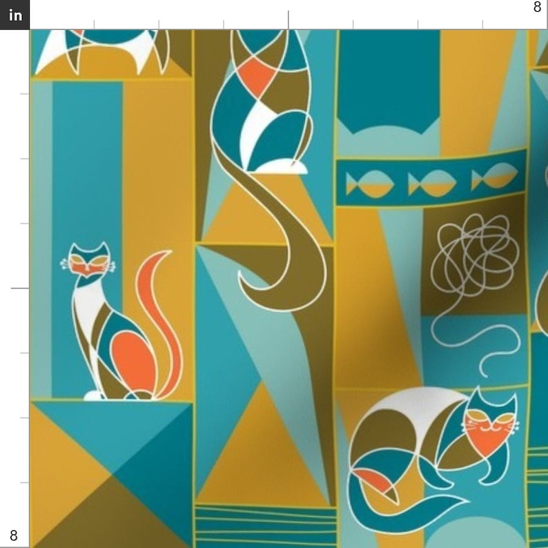 Cubist Cats Fabric Modernist Cats Mustard and Teal by - Etsy Canada