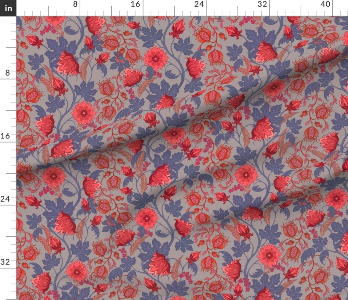 Chintz Red Floral Illustration Fabric Autumn Chintz by - Etsy