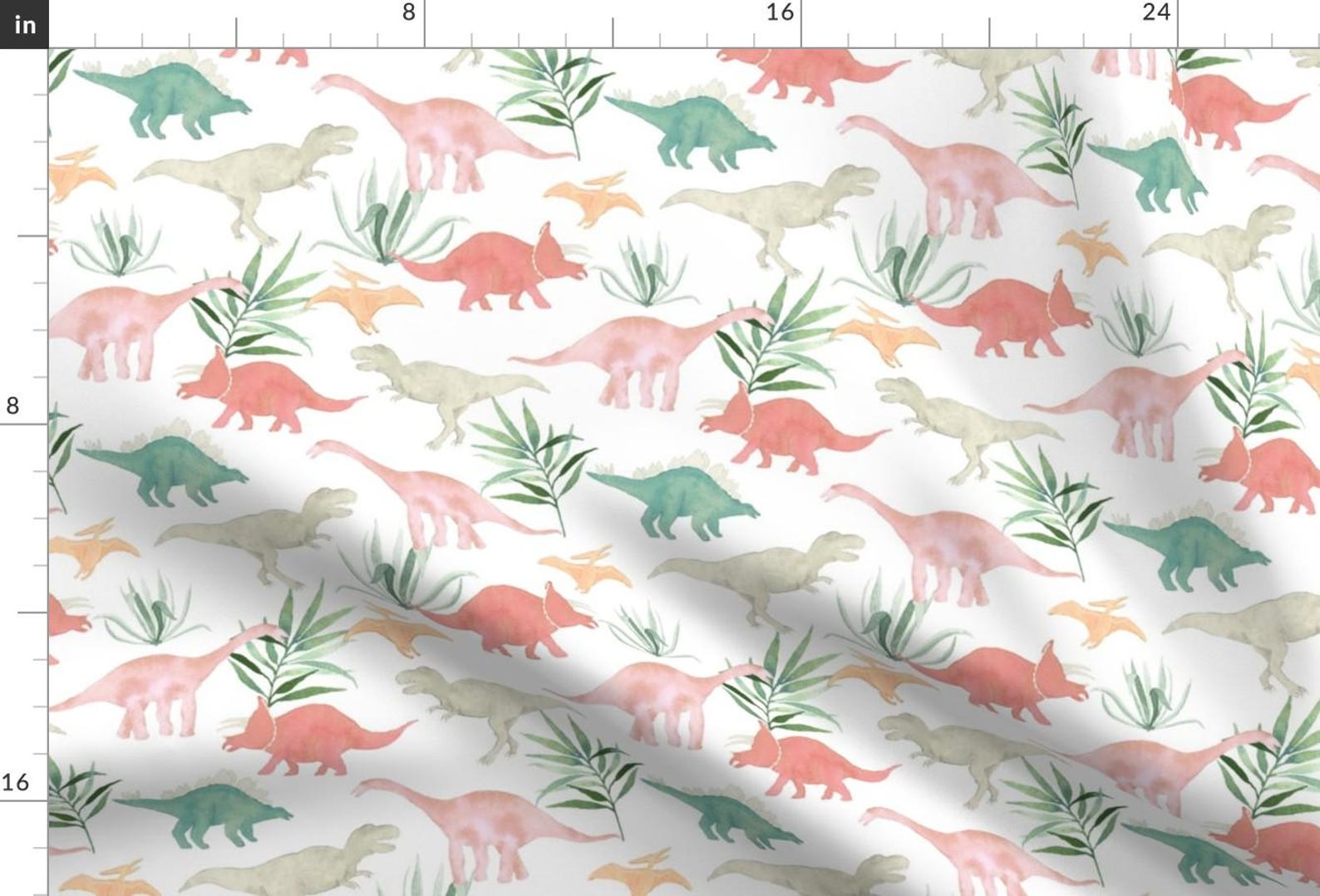 Dinosaur Fabric - Pretty Dinos by Mintpeony - Pink and Green Watercolor ...